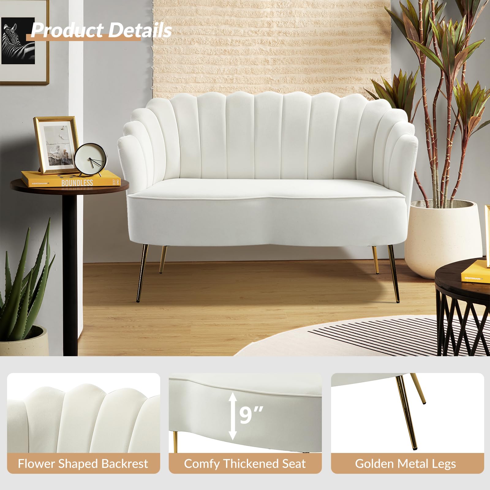 HULALA HOME Modern Velvet Loveseat Sofa with Flower Shaped Back, Comfy Upholstered 2-Seater Sofa with Gold Metal Legs, Small Love Seat Accent Couch for Living Bedroom Leisure Areas, Ivory