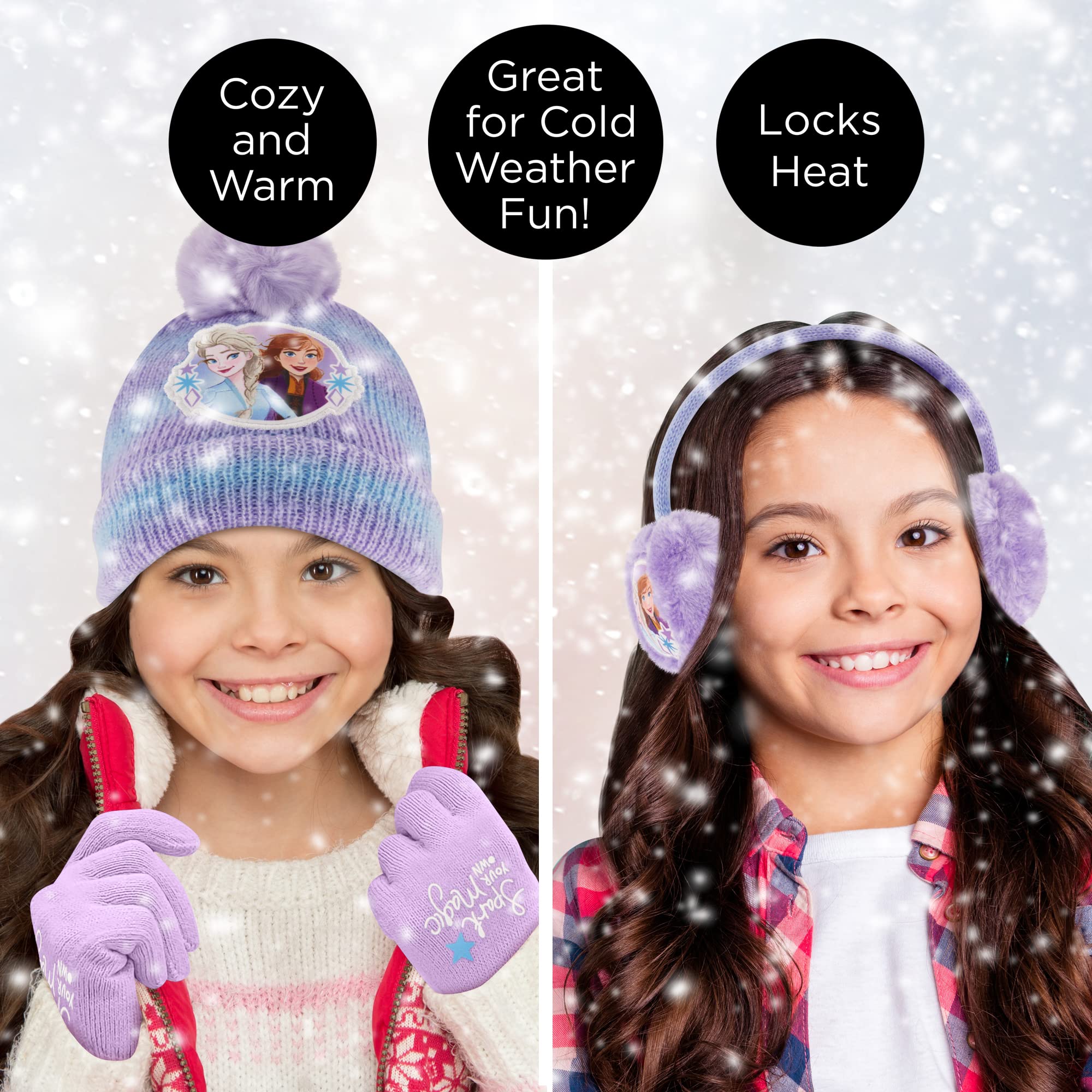 Disney Girls' Winter Hat, Earmuffs and Kids Gloves Set, Frozen for Ages, Age 4-7