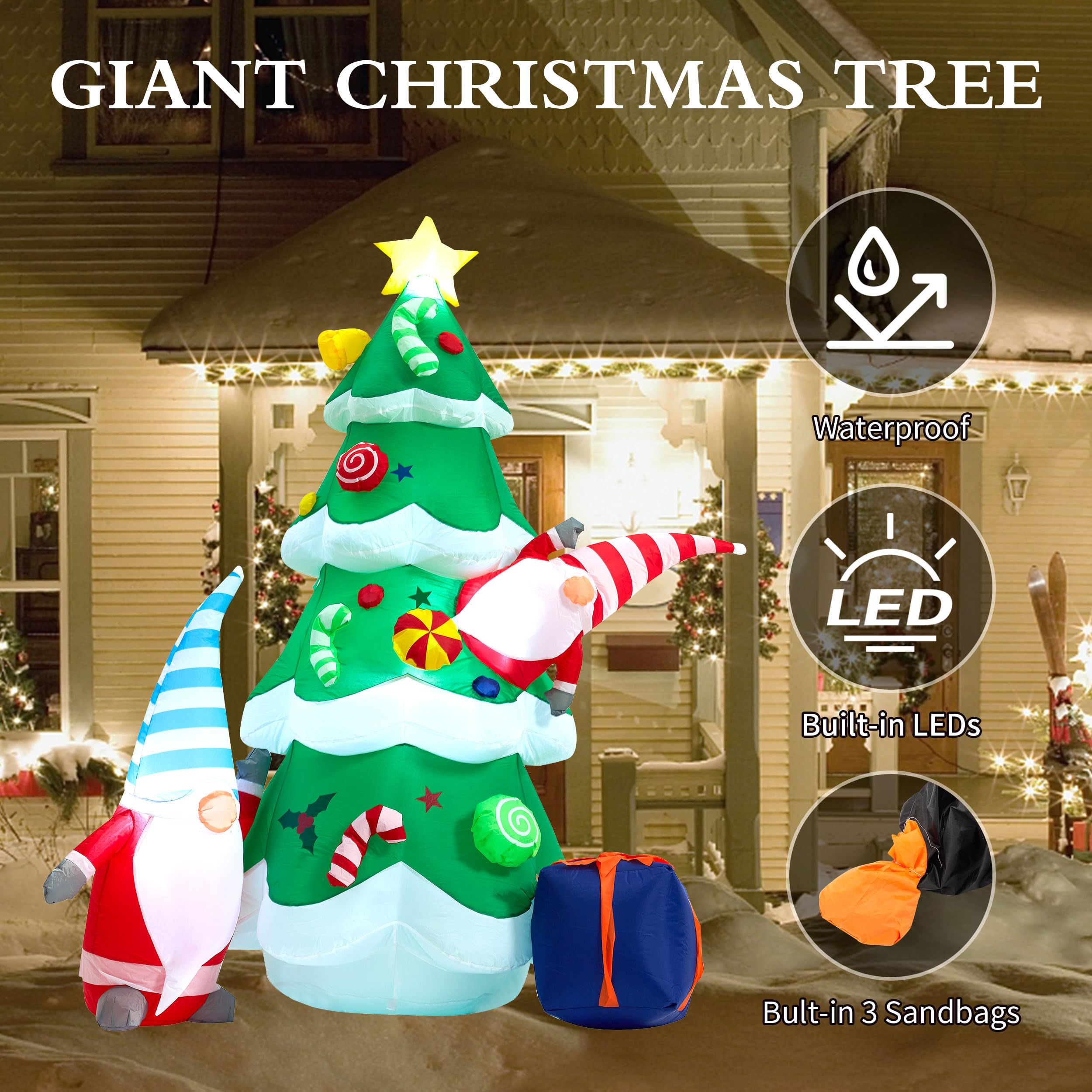 SUNGIFT Christmas Inflatable Tree, 7 FT Giant Lighted Christmas Blow Up Santa Claus with Gift Box for Indoor Outdoor Yard Garden Xmas Inflatables Party Decorations
