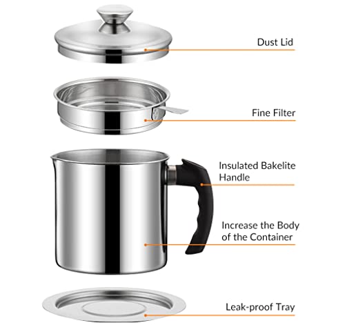 Tellshun Bacon Grease Container with Strainer 1.3 L / 44 oz Stainless Steel Cooking Oil Keeper with Lid and Tray Easy-Grip Handle Suitable for Storing Frying Oil and Cooking Grease (1.3, Silver)