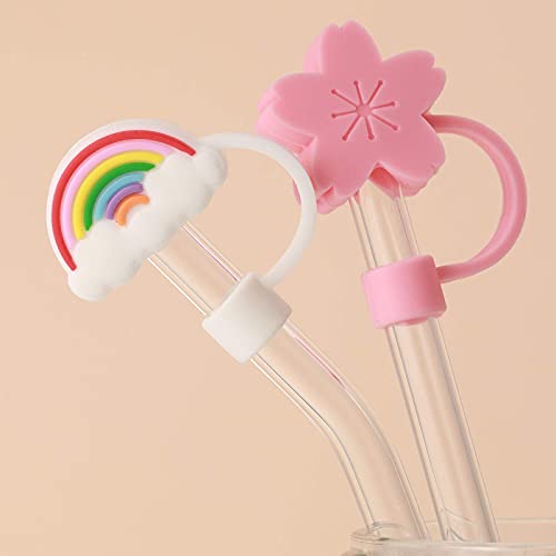 8 Pieces Silicone Straw Tips Cover Reusable Drinking Straw Lids Sunflower Cherry Blossom Rainbow Cat Paw Straw Cap Cover for 6-8 mm Straws Anti-dust Straw Tips Plugs