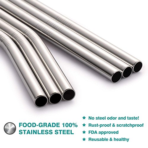 Reusable Smoothie Straws and Milkshake Straws with Silicone Tips , 9mm/0.35" Stainless Steel Wide Straws, Hiware 6 Pack 10" Metal Straws for Smoothies, Milkshakes, Jumbo Drinks with 2 Cleaning Brushes