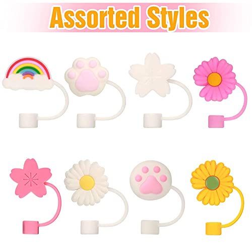 8 Pieces Silicone Straw Tips Cover Reusable Drinking Straw Lids Sunflower Cherry Blossom Rainbow Cat Paw Straw Cap Cover for 6-8 mm Straws Anti-dust Straw Tips Plugs