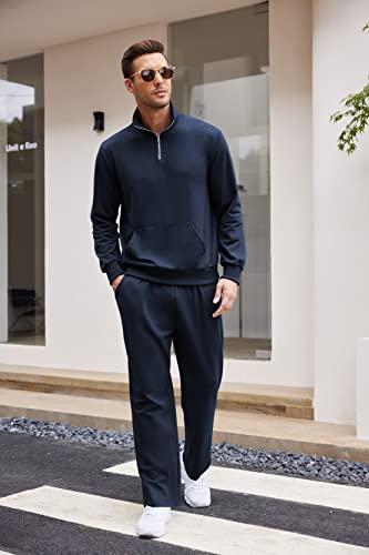 COOFANDY Men 2 Piece Workout Sweat Suit Casual Long Sleeve Gym Active Tracksuit Navy Blue