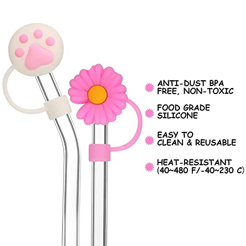 8 Pieces Silicone Straw Tips Cover Reusable Drinking Straw Lids Sunflower Cherry Blossom Rainbow Cat Paw Straw Cap Cover for 6-8 mm Straws Anti-dust Straw Tips Plugs