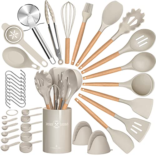 Umite Chef 36pcs Silicone Kitchen Cooking Utensils with Holder, Heat Resistant Cooking Utensils Sets Wooden Handle, Khaki Nonstick Kitchen Gadgets Tools Include Spatula Spoons Turner Pizza Cutter