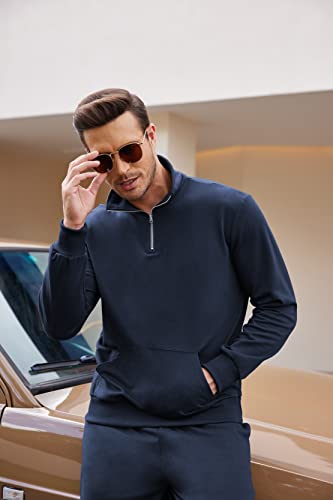 COOFANDY Men 2 Piece Workout Sweat Suit Casual Long Sleeve Gym Active Tracksuit Navy Blue