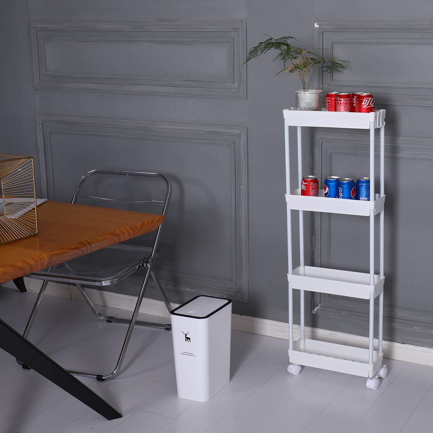 Sooyee 4 Tier Slim Storage Cart Mobile Shelving Unit Organizer Slide Out Storage Rolling Utility Cart Tower Rack for Kitchen Bathroom Laundry Narrow Places, Plastic & Stainless Steel,White