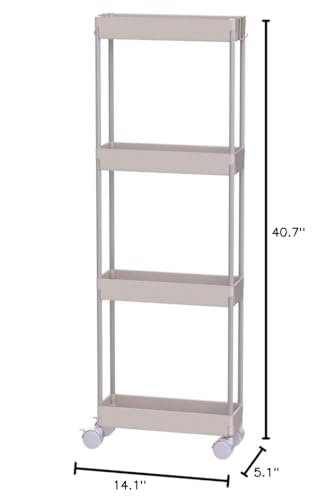 Sooyee 4 Tier Slim Storage Cart Mobile Shelving Unit Organizer Slide Out Storage Rolling Utility Cart Tower Rack for Kitchen Bathroom Laundry Narrow Places, Plastic & Stainless Steel,White