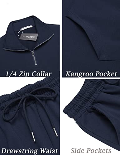 COOFANDY Men 2 Piece Workout Sweat Suit Casual Long Sleeve Gym Active Tracksuit Navy Blue