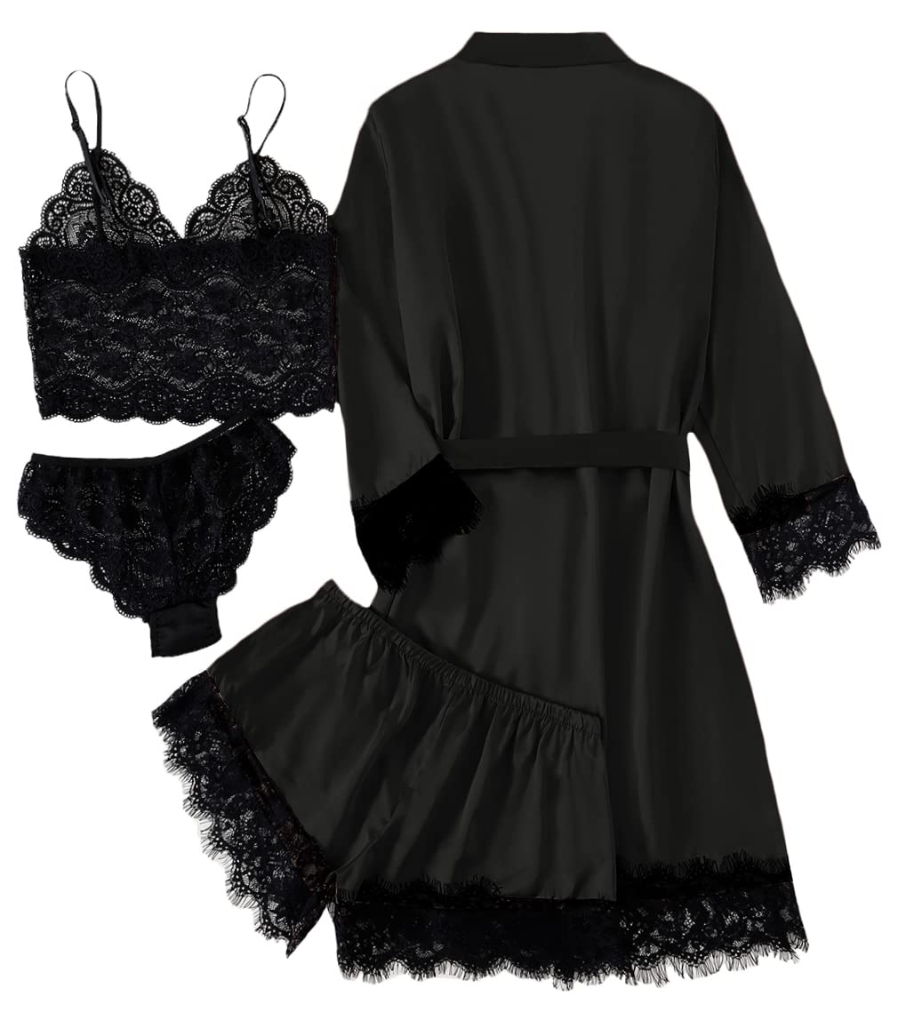 LYANER Women's 4pcs Sleepwear Satin Floral Lace Trim Cami Pajama Set with Robe True Black X-Large