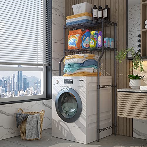 BKGDO Washer Storage Frames Floor Standing for Over Toilet,Round Tube Iron Tube Frame Washinghine Rack,Adjustable Partition Waterproof Washinghine Rack Bathroom Storage/Black