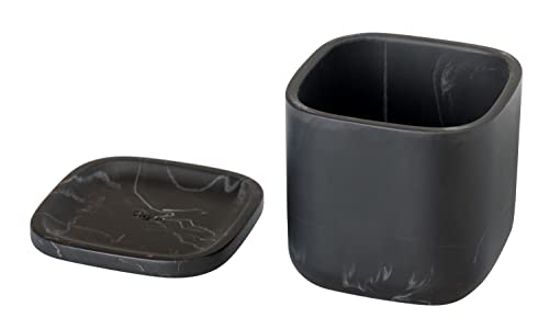 Vigar Zense Collection Black Marble Square Toiletries Container Box with Lid, Holder for Cotton Balls and Hair Accessories, for Modern Luxury Bathroom and Bedroom, Fine Polyresin Stone