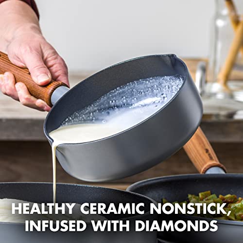 GreenPan Mayflower Pro Hard Anodized Healthy Ceramic Nonstick, 1QT Saucepan Pot, Vintage Wood Handle, PFAS-Free, Induction, Charcoal Gray