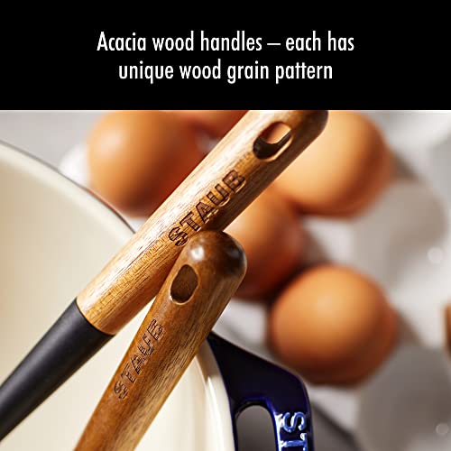 STAUB Soup Ladle, Perfect for Serving Hot Soup, Portion Batter for Pancakes, and Sauce Pasta, Durable BPA-Free Matte Black Silicone, Acacia Wood Handles, Safe for Nonstick Cooking Surfaces