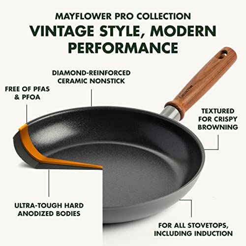 GreenPan Mayflower Pro Hard Anodized Healthy Ceramic Nonstick, 1QT Saucepan Pot, Vintage Wood Handle, PFAS-Free, Induction, Charcoal Gray