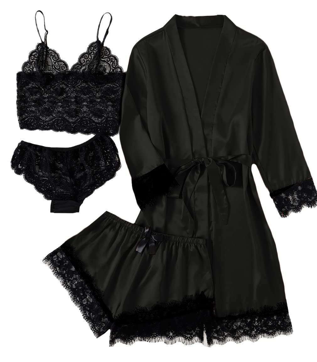 LYANER Women's 4pcs Sleepwear Satin Floral Lace Trim Cami Pajama Set with Robe True Black X-Large