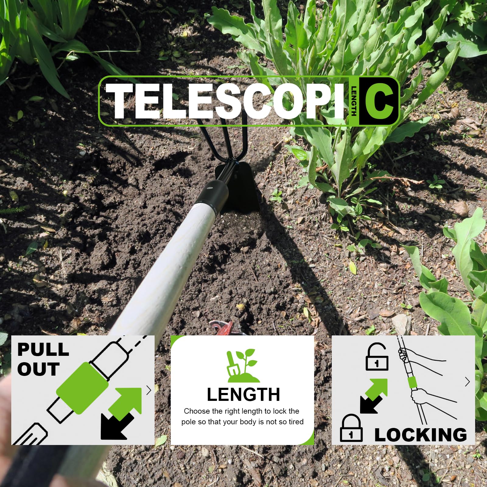 Evcitn Adjustable Hoe and Cultivator Hand Tiller with 40.7IN Long Handle, Aluminium and Rubber Garden Tool for Breaking Stone,Weeding Weeds,Digging Roots,Loosening Soil