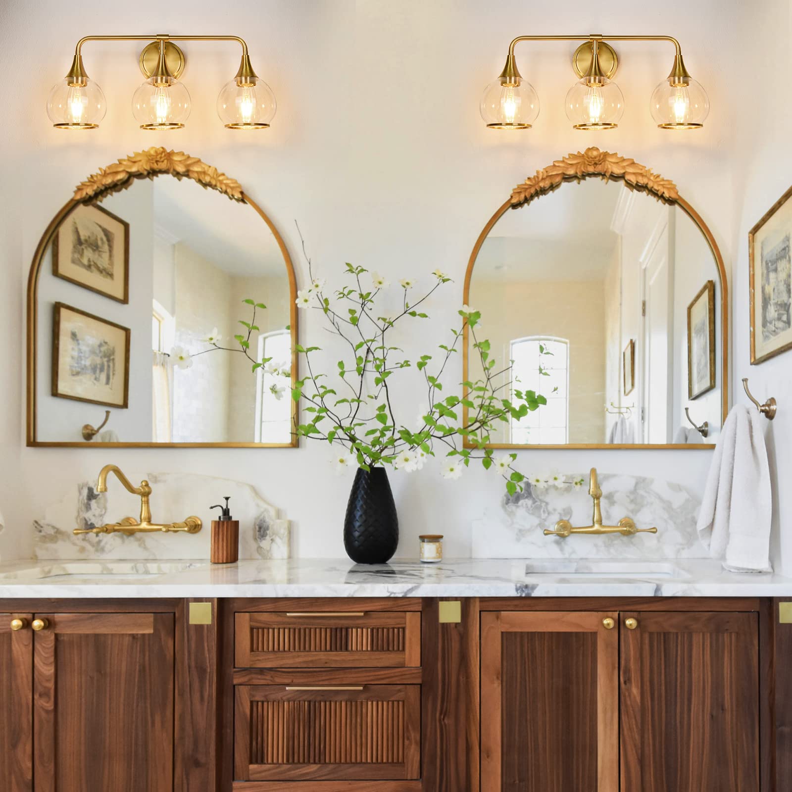 HAHZT Gold Bathroom Vanity Light 3-Lights Bathroom Light Fixtures Over Mirror with Clear Glass Shade 22.4 inch Wall Sconce Lighting Bath(Exclude E26 Bulb)