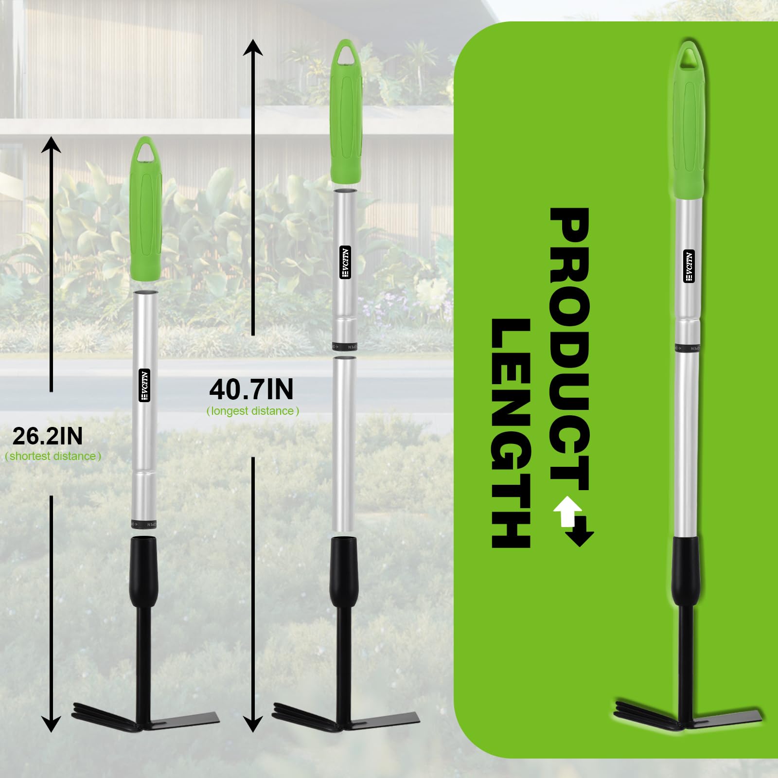 Evcitn Adjustable Hoe and Cultivator Hand Tiller with 40.7IN Long Handle, Aluminium and Rubber Garden Tool for Breaking Stone,Weeding Weeds,Digging Roots,Loosening Soil