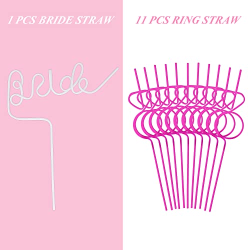 Fibye 12 Pcs Reusable Bachelorette Party Decorations Straws Set: 1 White Large Bride Straw & 11 Pink Diamond Ring Straws; Bridal Shower Engagement Wedding Party Supplies; Bride Gifts, 12.6''