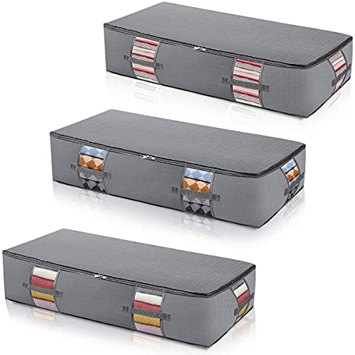 Extra-Large Under Bed Storage Bags Organizer Container[3Pack] Underbed Polyester cloth 210D with Strengthened Handles Large Comforters Foldable Under The Bed Storage Bags Breathable with Clear Window