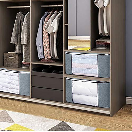Clothes Storage Bag, Large Capacity Clothes Storage Organizer with Clear Window, 3 Layer Foldable Fabric, Sturdy Handles Storage for Comforters,Bedding,Blankets and Clothing, 3 Pack, 90L, Grey