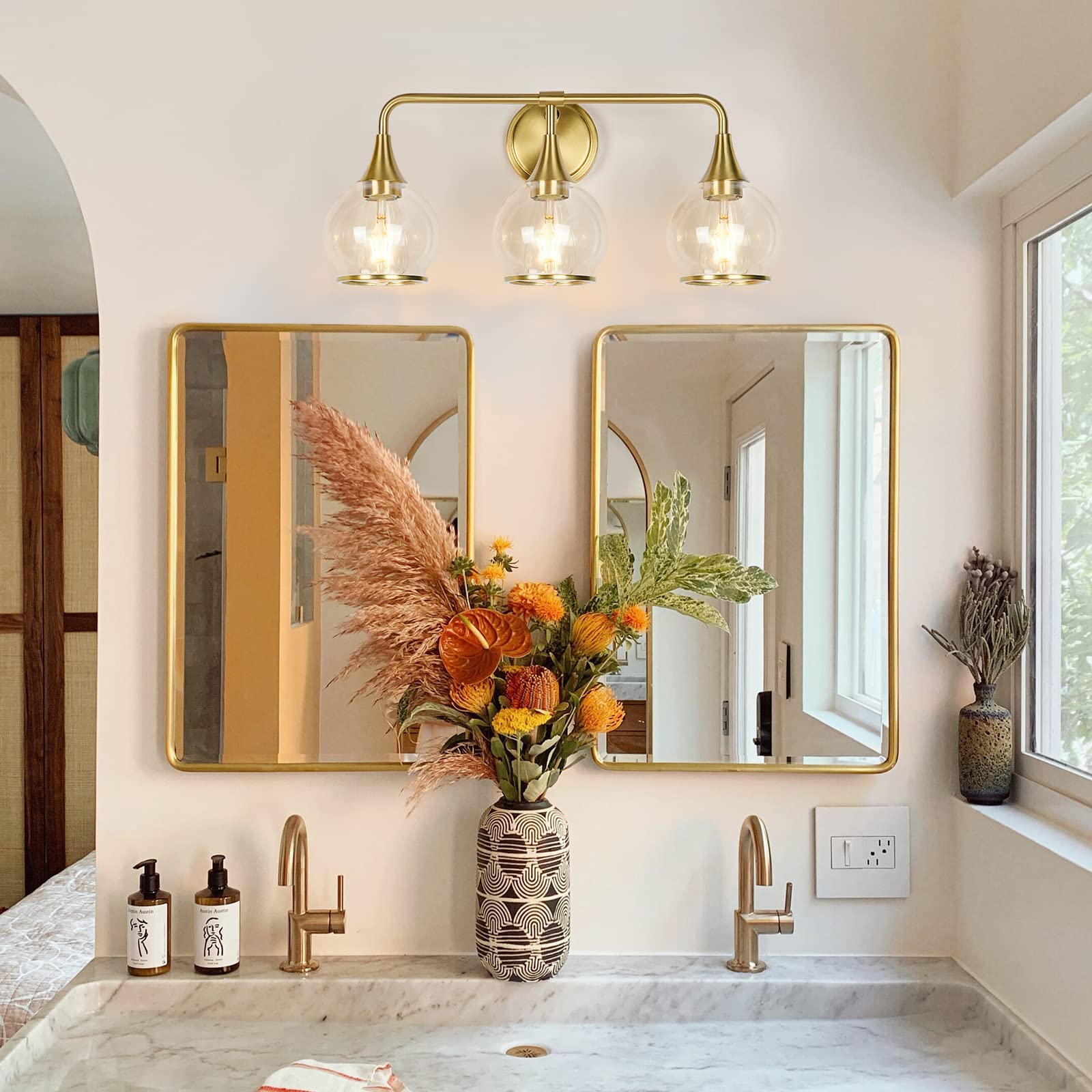 HAHZT Gold Bathroom Vanity Light 3-Lights Bathroom Light Fixtures Over Mirror with Clear Glass Shade 22.4 inch Wall Sconce Lighting Bath(Exclude E26 Bulb)