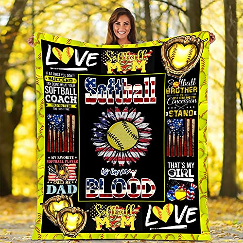 CHILL·TEK Love Softball Blanket, Softball in My Blood Throw Blankets Soft Lightweight Bed Blanket Cozy Warm Velvet Blanket Gift for Men Boys All Season Flannel Blanket for Couch Bed Sofa, 80"x60"