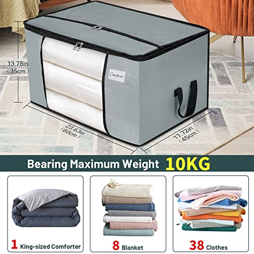 GARPROVM 3PCS Large Storage Bags, Clothes Storage Bag with Lids and Handle, Foldable Closet Organizer Storage Oxford Bag cloth for Clothing Sweaters Comforter Blanket Pillows Toys, Light Grey