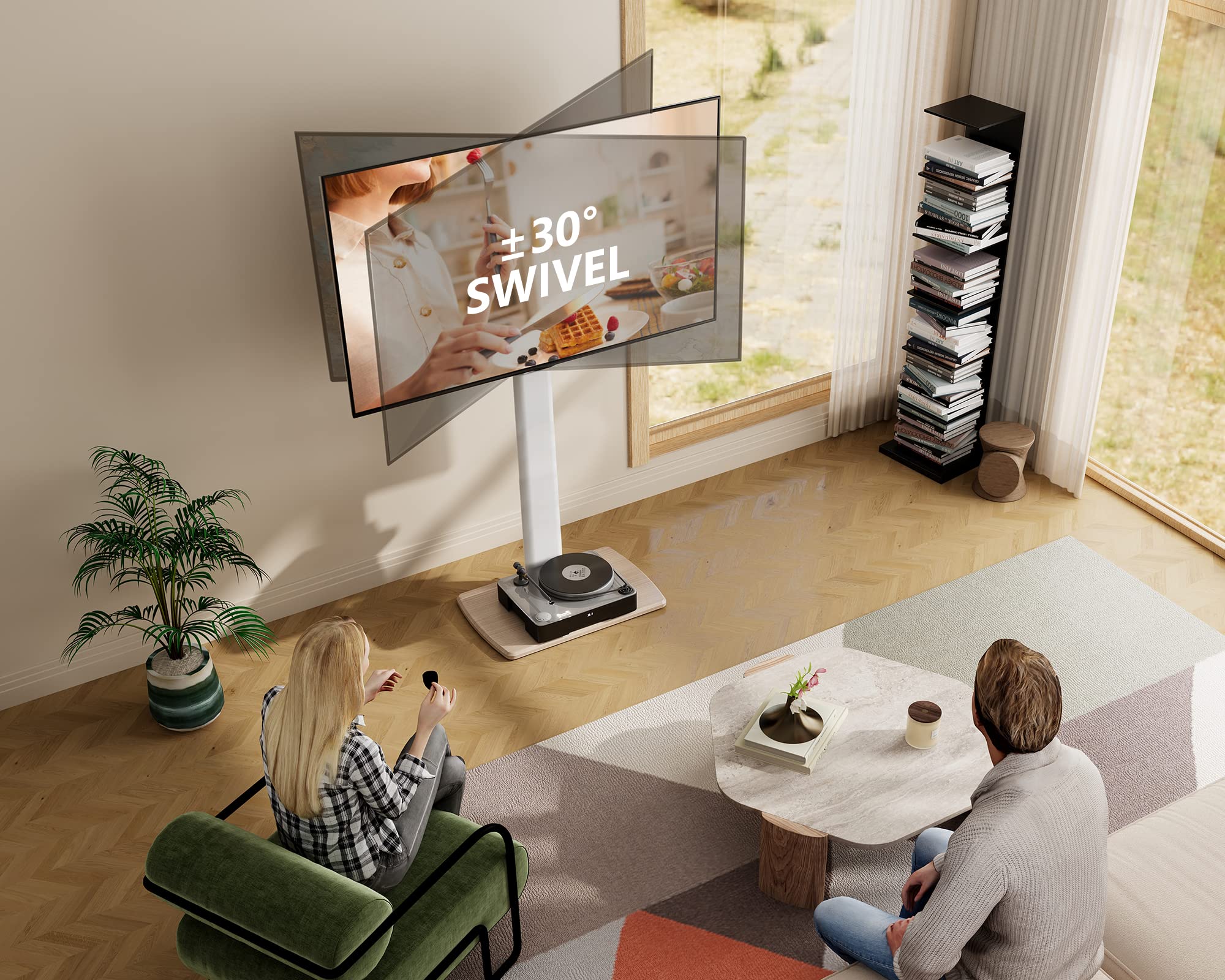 FITUEYES Swivel Floor TV Stand for 32 to 70 Inch TVs Tall Universal TV Stand Mount with Sturdy Wood Base, Space Saving for Corner Bedroom White