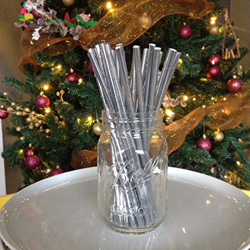 ALINK Metallic Silver Paper Straws, Biodegradable Disposable Party Drinking Straw for Birthday, Wedding, Bridal/Baby Shower, Christmas Decorations and Party Supplies, Pack of 100