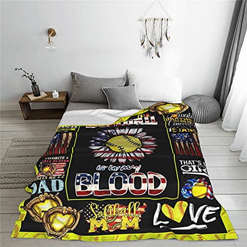 CHILL·TEK Love Softball Blanket, Softball in My Blood Throw Blankets Soft Lightweight Bed Blanket Cozy Warm Velvet Blanket Gift for Men Boys All Season Flannel Blanket for Couch Bed Sofa, 80"x60"