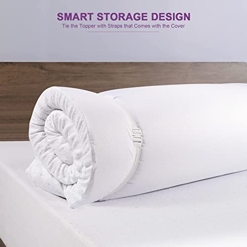 Mattress Topper Cover Queen, Lavender Infused Premium Bamboo Zippered Cover for Mattress Topper with Adjustable Straps, Ferlizer 3 Inch Queen Mattress Topper Protector