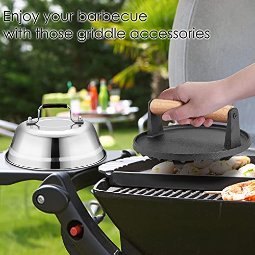 HaSteeL Melting Dome & Grill Press for Griddle, Stainless Steel 9In Basting Cover & Heavy Duty 7In Wooden Burger Press, Griddle Accessories Kit Great for Flat Top Teppanyaki Cast Iron Indoor Outdoor