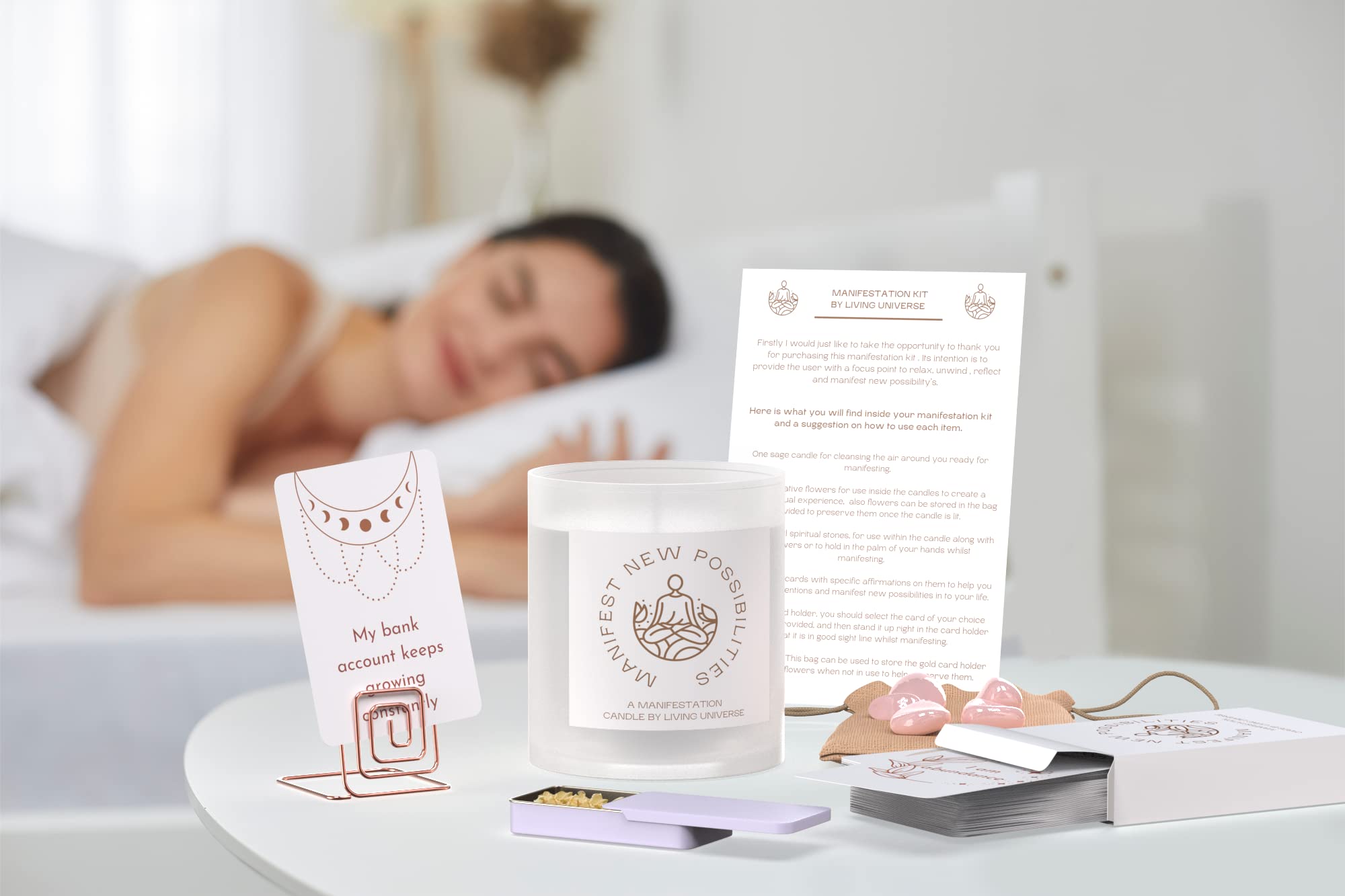 Manifestation Kit,Meditation Accessories, Spiritual Room décor, White Sage Candle,36 pc Positive Affirmations Cards,Healing Stones,for Meditation/Spiritual Healing/Smudging