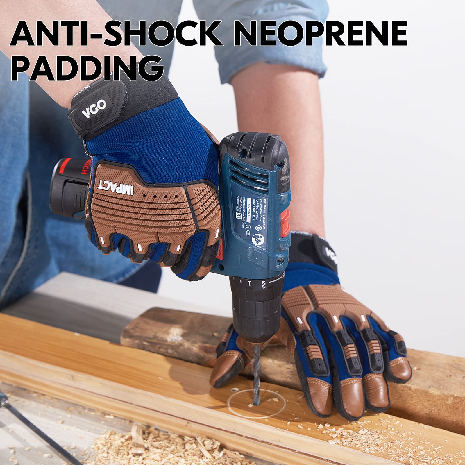 Vgo...…1Pair Leather Heavy Duty Work Gloves,Mechanics Gloves,Impact Resistant, Anti-Vibration, Water-repellent (L,Blue,CA7725)