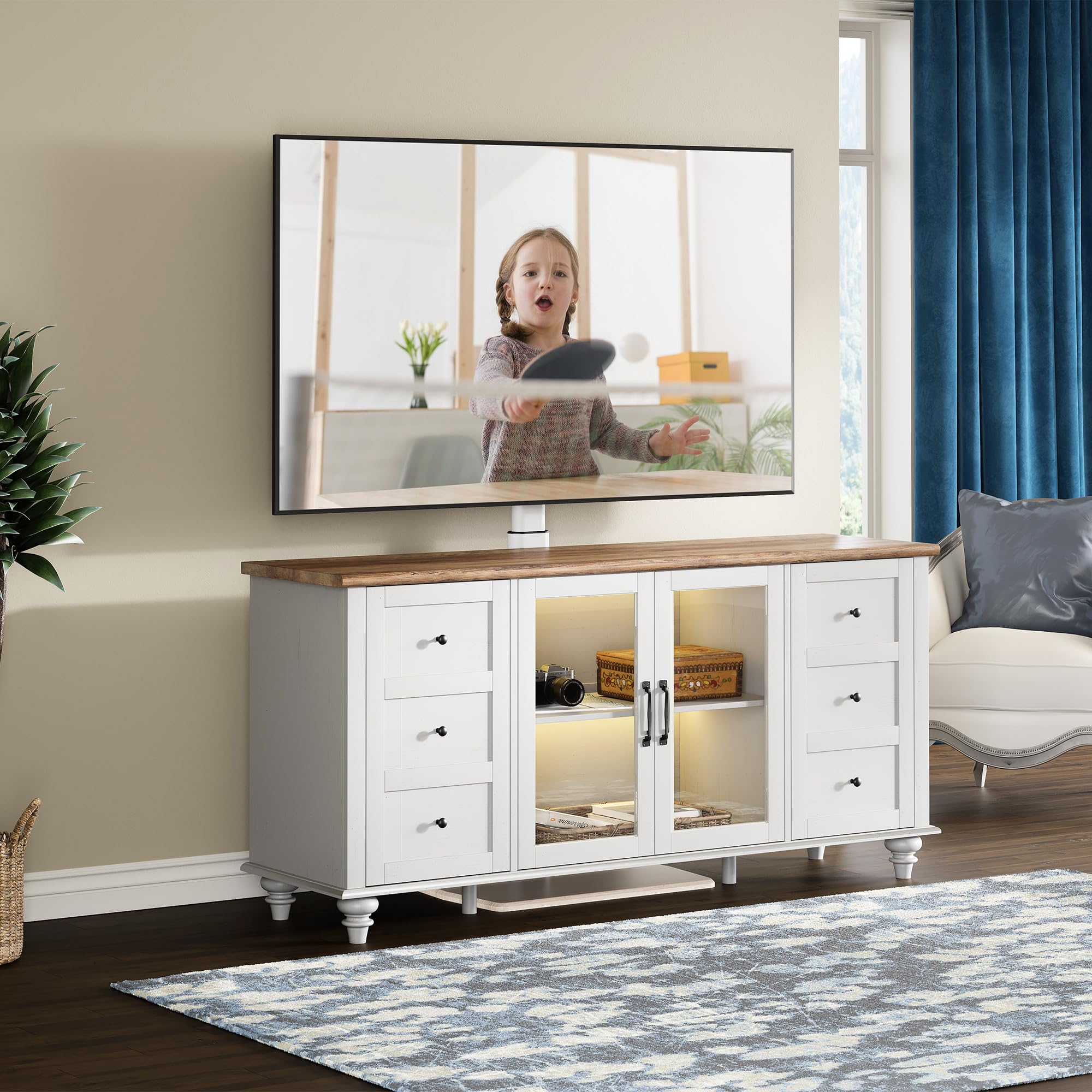 FITUEYES Swivel Floor TV Stand for 32 to 70 Inch TVs Tall Universal TV Stand Mount with Sturdy Wood Base, Space Saving for Corner Bedroom White