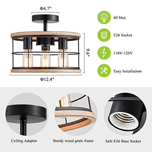 Semi Flush Mount Ceiling Light Fixture Vintage Ceiling Light Farmhouse Ceiling Light White Wood Grain Metal Cage Ceiling Lamp for Kitchen Dining Room Hallwa Bedroom Living Room (White Wood Grain)