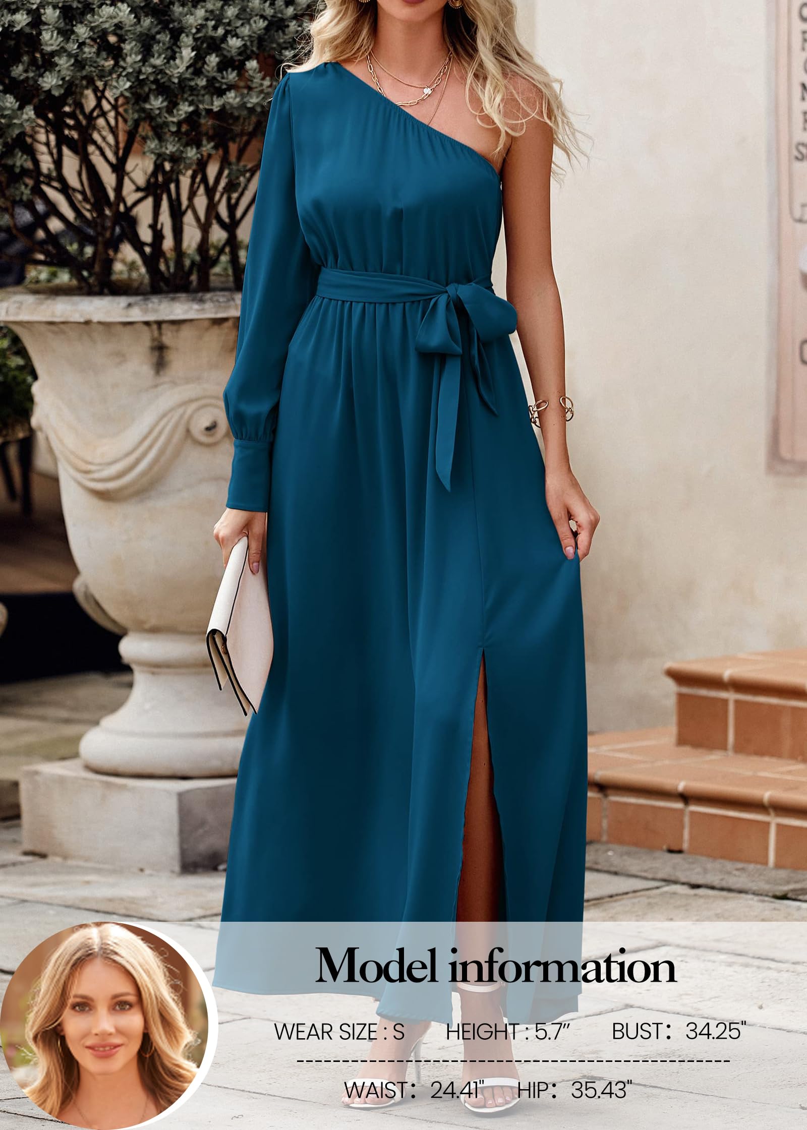 KIRUNDO Women's Satin Long Sleeve One Shoulder Maxi Dress Asymmetrical Tie Waist Slit Party Cocktail Long Formal Dresses(Dark Blue, X-Large)