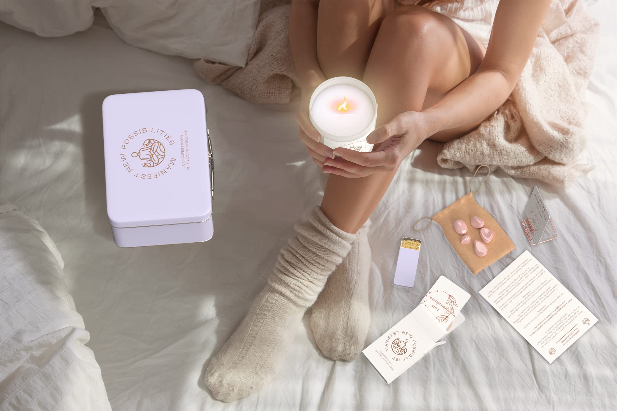 Manifestation Kit,Meditation Accessories, Spiritual Room décor, White Sage Candle,36 pc Positive Affirmations Cards,Healing Stones,for Meditation/Spiritual Healing/Smudging
