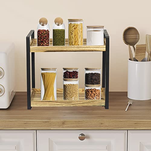 HMSOFTEST 2 Tier Bathroom Counter Organizer, Wood Bathroom Organizer Countertop, Cosmetic Storage Tray Vanity Organizer, Kitchen Snack Spice Rack, Bathroom Sink Organizer, Coffee Station Shelf(Brown)