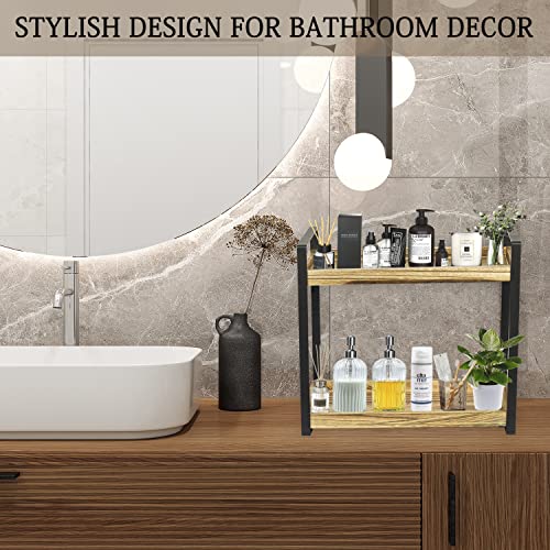 HMSOFTEST 2 Tier Bathroom Counter Organizer, Wood Bathroom Organizer Countertop, Cosmetic Storage Tray Vanity Organizer, Kitchen Snack Spice Rack, Bathroom Sink Organizer, Coffee Station Shelf(Brown)