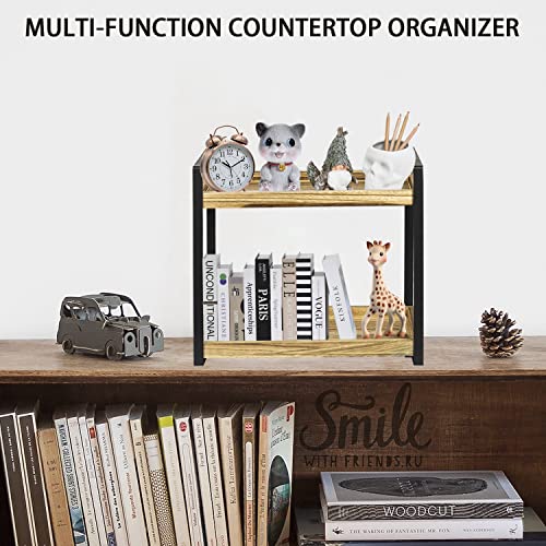 HMSOFTEST 2 Tier Bathroom Counter Organizer, Wood Bathroom Organizer Countertop, Cosmetic Storage Tray Vanity Organizer, Kitchen Snack Spice Rack, Bathroom Sink Organizer, Coffee Station Shelf(Brown)