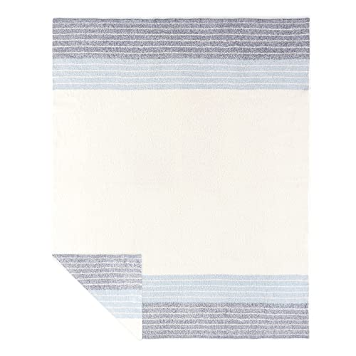 Crafted by Catherine Heathered Border Cozy Knit Throw Blanket 60" x 70" Inches, Soft Comfy Decorative Throw for Couch Bed Sofa Travel, Stripe Cream and Blue