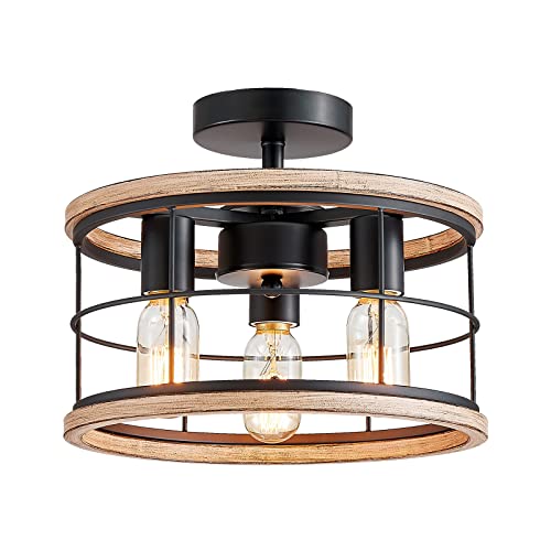 Semi Flush Mount Ceiling Light Fixture Vintage Ceiling Light Farmhouse Ceiling Light White Wood Grain Metal Cage Ceiling Lamp for Kitchen Dining Room Hallwa Bedroom Living Room (White Wood Grain)