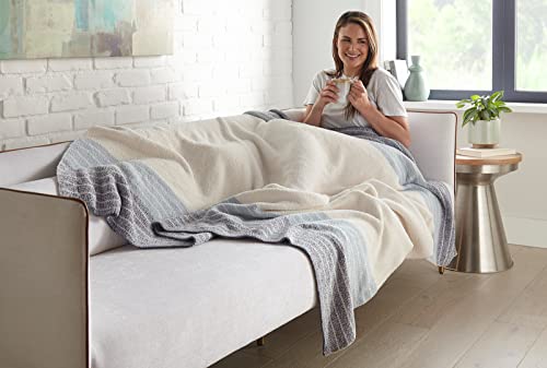 Crafted by Catherine Heathered Border Cozy Knit Throw Blanket 60" x 70" Inches, Soft Comfy Decorative Throw for Couch Bed Sofa Travel, Stripe Cream and Blue