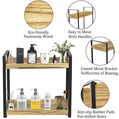 HMSOFTEST 2 Tier Bathroom Counter Organizer, Wood Bathroom Organizer Countertop, Cosmetic Storage Tray Vanity Organizer, Kitchen Snack Spice Rack, Bathroom Sink Organizer, Coffee Station Shelf(Brown)