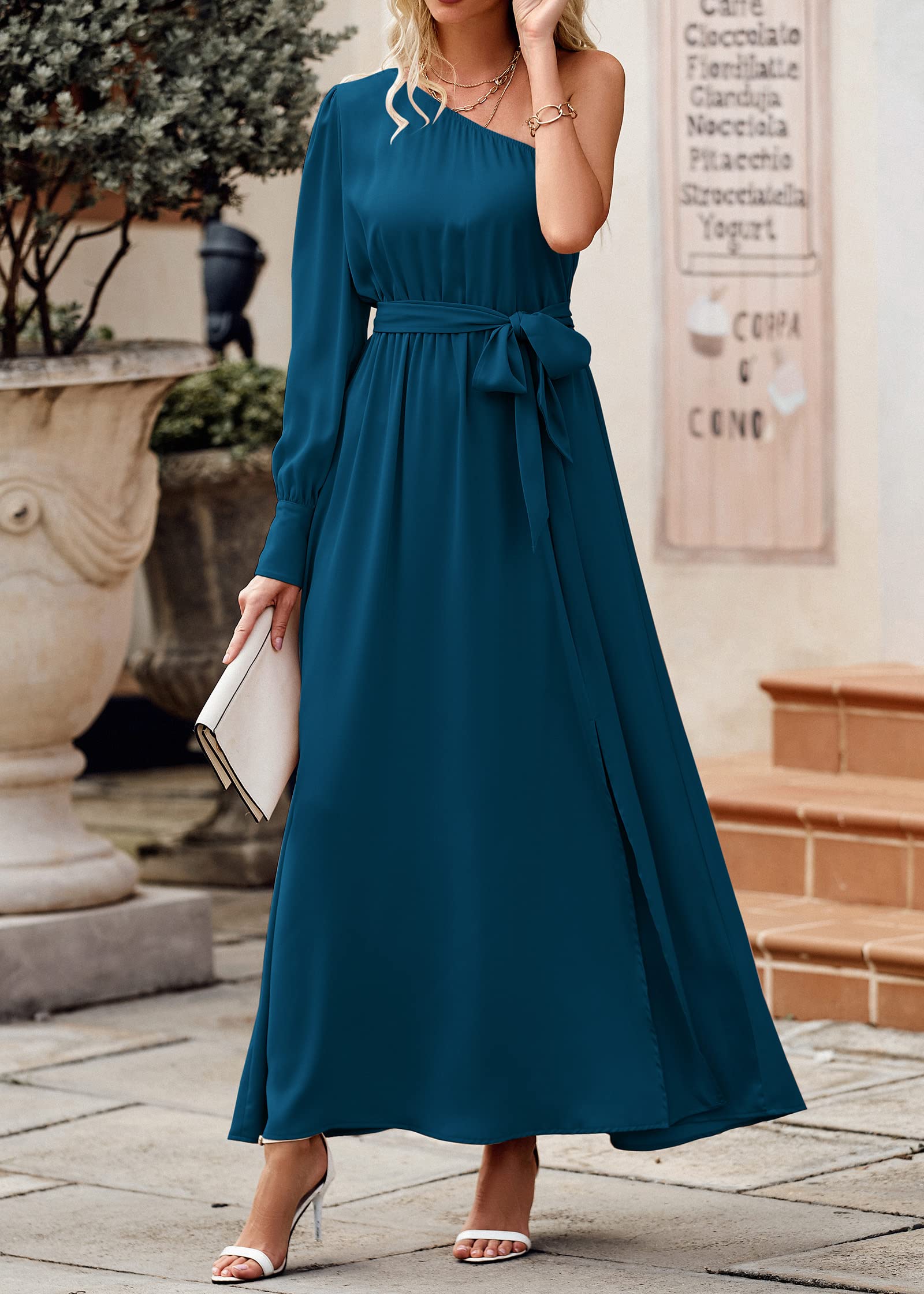 KIRUNDO Women's Satin Long Sleeve One Shoulder Maxi Dress Asymmetrical Tie Waist Slit Party Cocktail Long Formal Dresses(Dark Blue, X-Large)
