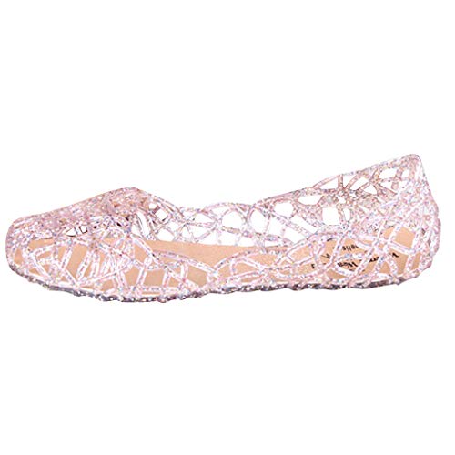 Sandals for Women Casual Flat Heel Beach Jelly Shoes Slip On Crystal Summer Soft Hollow Ballet Flat (Pink, 5.5)